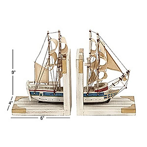 Deco 79 Wood Sail Boat Bookends with Real Boat Rigging, Set of 2 6"W, 9"H, White