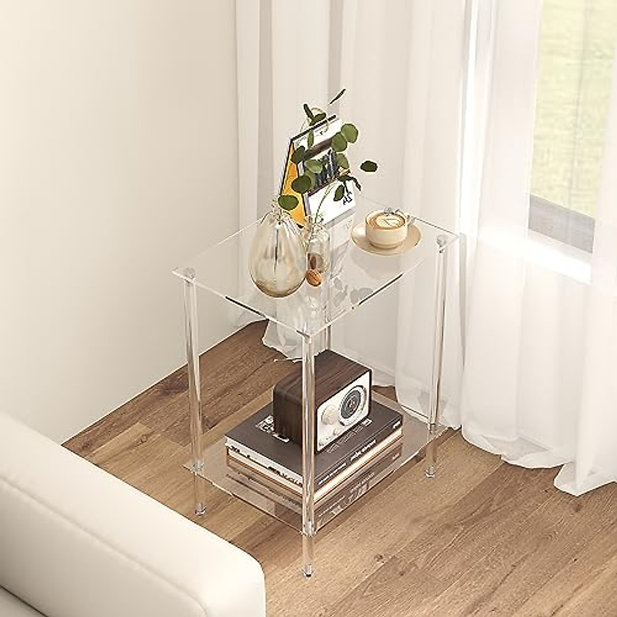 IRCPEN Acrylic Side Tables with 2 Shelve, End Table Set of 2, Nightstands for Tight Spaces, 2-Tier Tempered Glass Bedside Table for Office, Bedroom, Living Room, Study, Outdoor (2, Transparent)