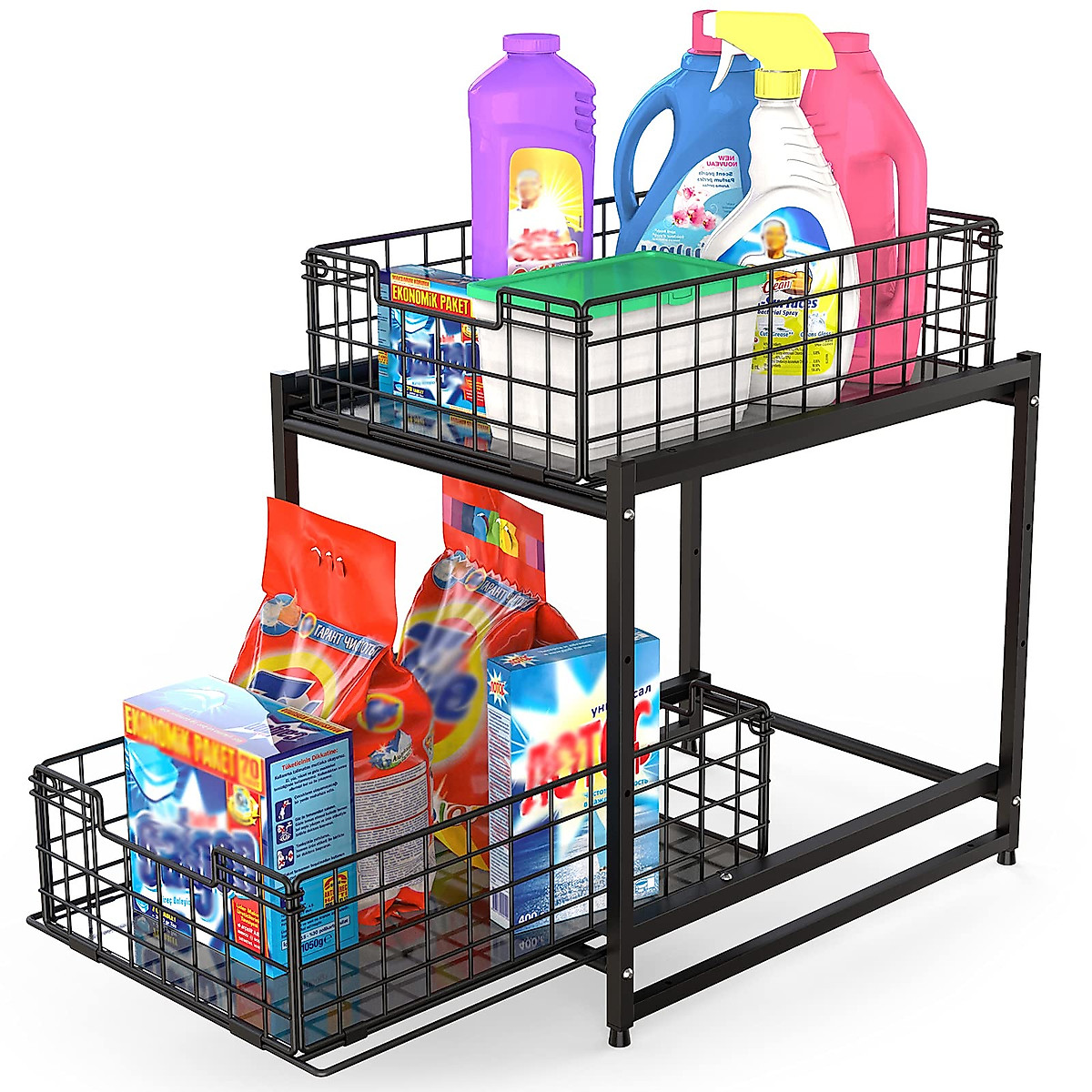 FavoThings Under Sink Cabinet Organizer 2-Tier Stackable Storage Shelf with Sliding Baskets Drawers for Kitchen, Bathroom, Office, Black