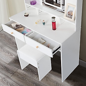 Caulitar Vanity Desk with Mirror and Lights-3 Color and Brightness Adjustable, Vanity Set with Drawers and Chair, White Makeup Vanity Table for Girls