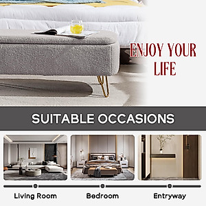 NIOIIKIT Storage Ottoman Bench, Comfy Faux Fur Upholstered Entryway Bench with Metal Legs, Bedroom Bench with Flip Top, Footrest Shoe Bench for Living Room, Bedroom (Grey)