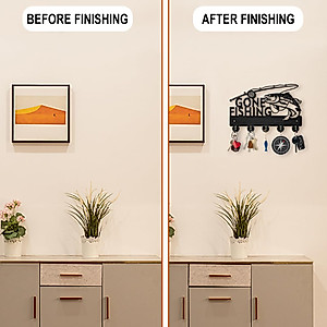 MAYJOYDIY Wood Gone Fishing Coat Rack Wall Mount Fishing Rod Key Holder for Wall 11.8×7.9inch Black Lake Fish Key Rack Hangers 5 Alloy Hooks Wall Art Decor for Entryway Front Door Fishing Lover Gift