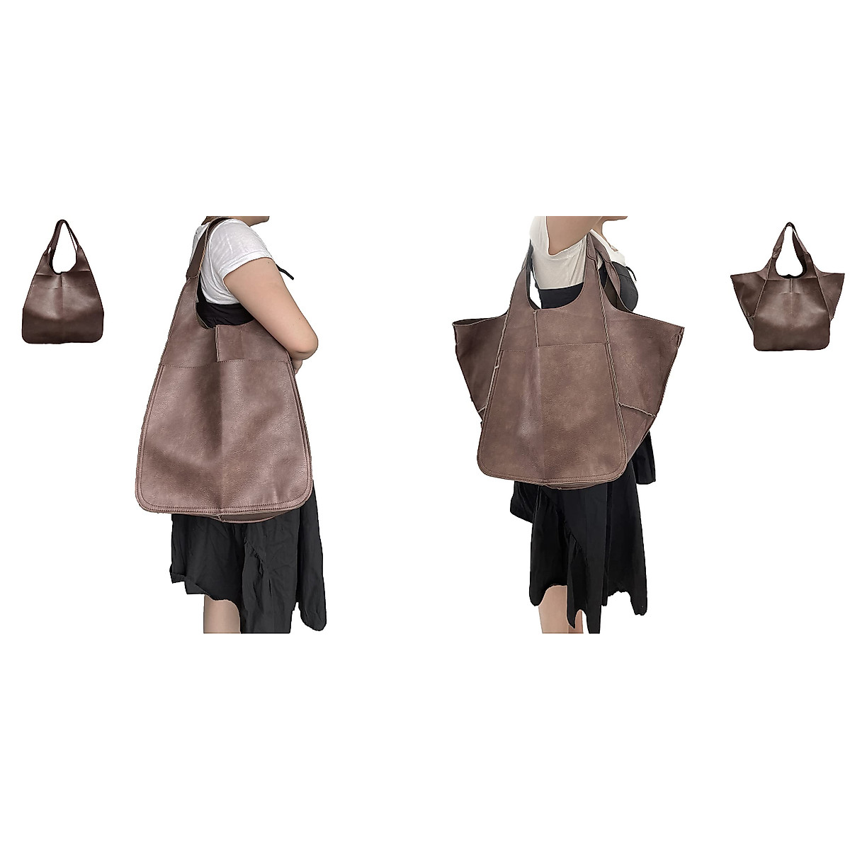 Qunsia Oversized Soft Leather Shoulder Bag Foldable Hobo Bag Weekend Travel Tote (Coffee)