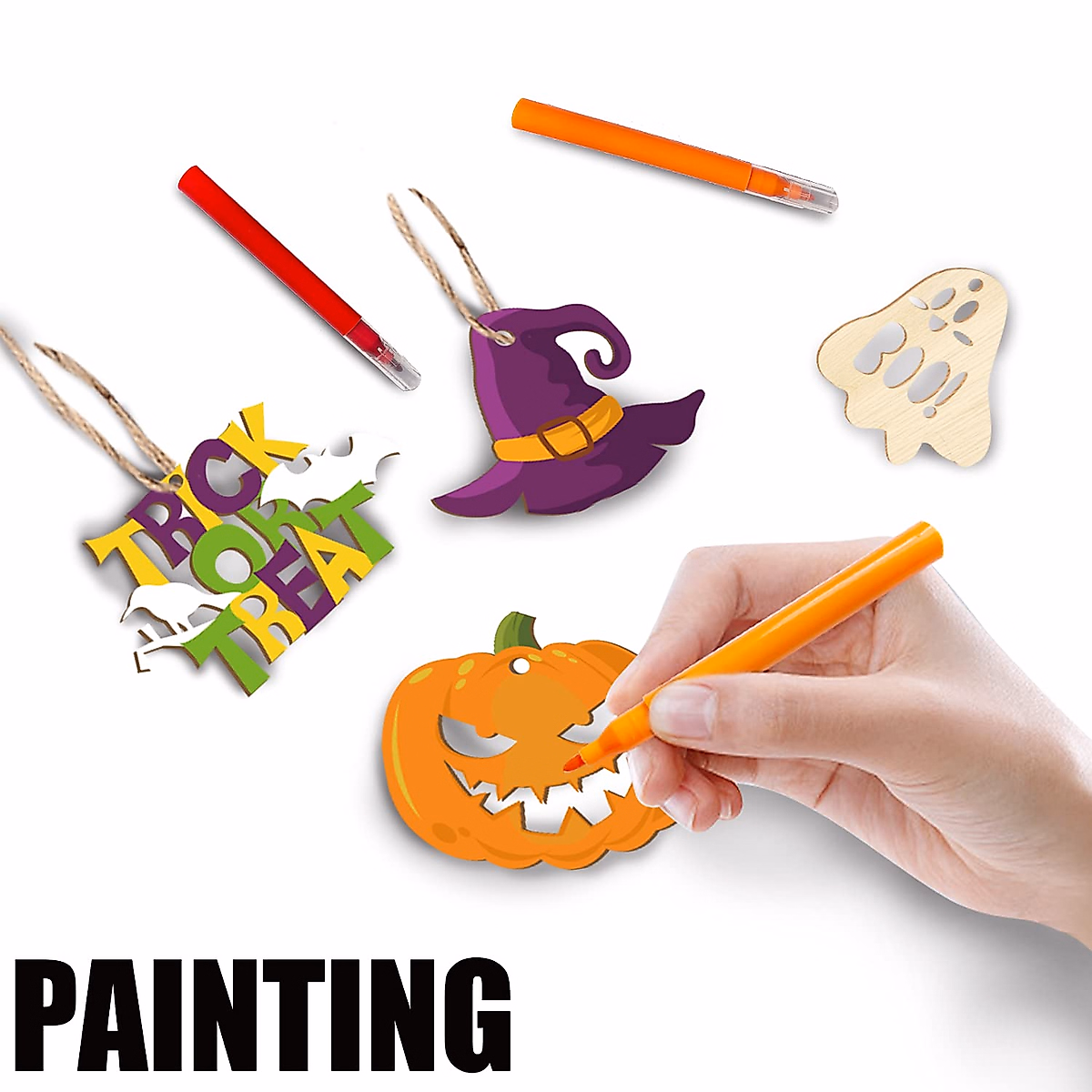 KIMOBER 60PCS Halloween Wooden Slices, Blank Cutouts Ornaments for Halloween Party Decoration, Kids DIY Crafts,Family Activities