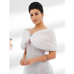 JAKAWIN Women’s Faux Rabbit Fur Wraps and Shawls Bride Wedding Fur Stole Bridal Fur Shrug for Women (S-M,White)