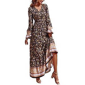 PRETTYGARDEN Long Dress Long Sleeve - Floral Button V Neck Casual Spring Boho Maxi Dresses (Black Yellow,X-Large)