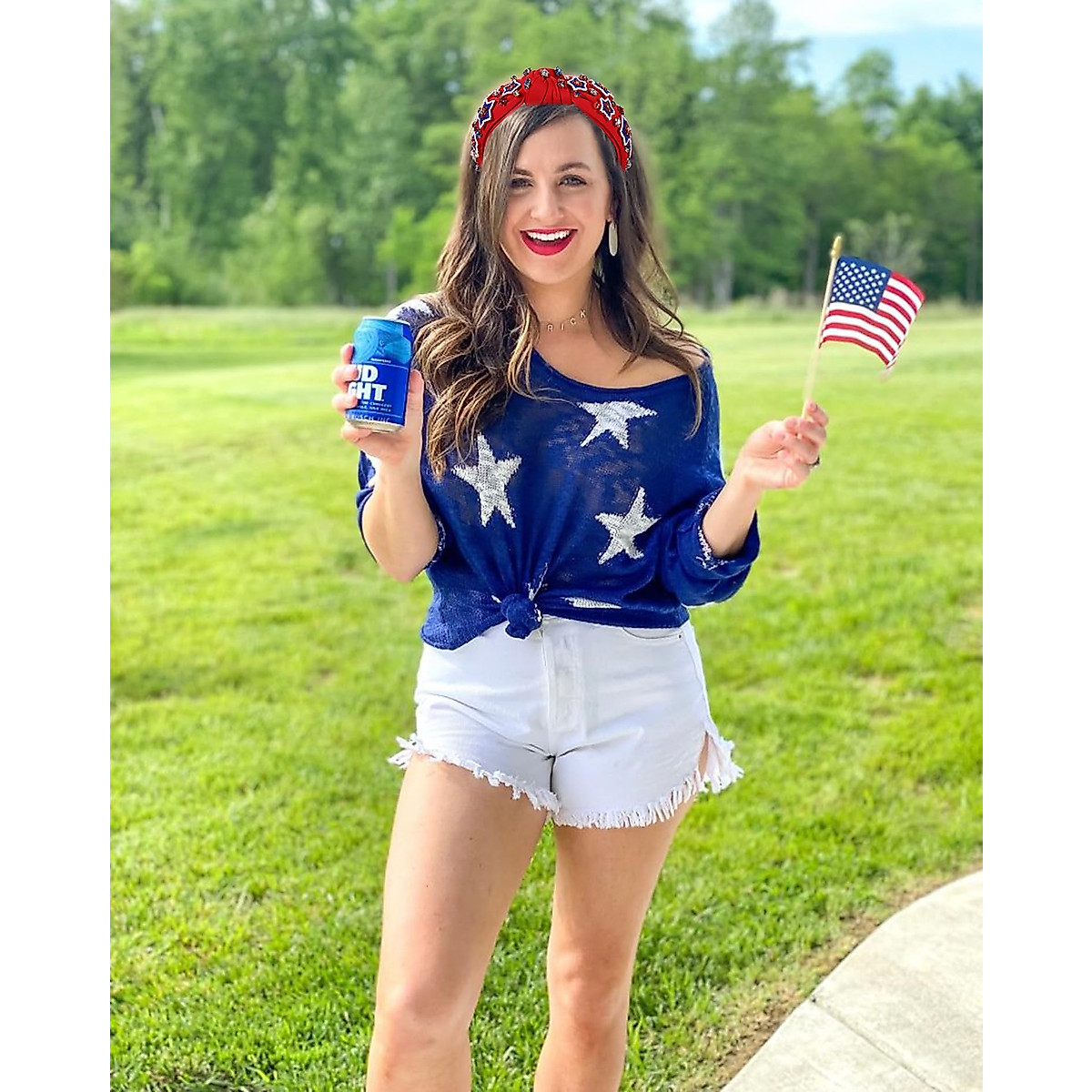 ZOLEAROPY American 4th of July Headband for Women USA Star Rhinestone Jeweled Knotted Headband Fourth of July Patriotic Red White Blue Beaded Star Top Knot Wide Hairband Hair Accessories Gift