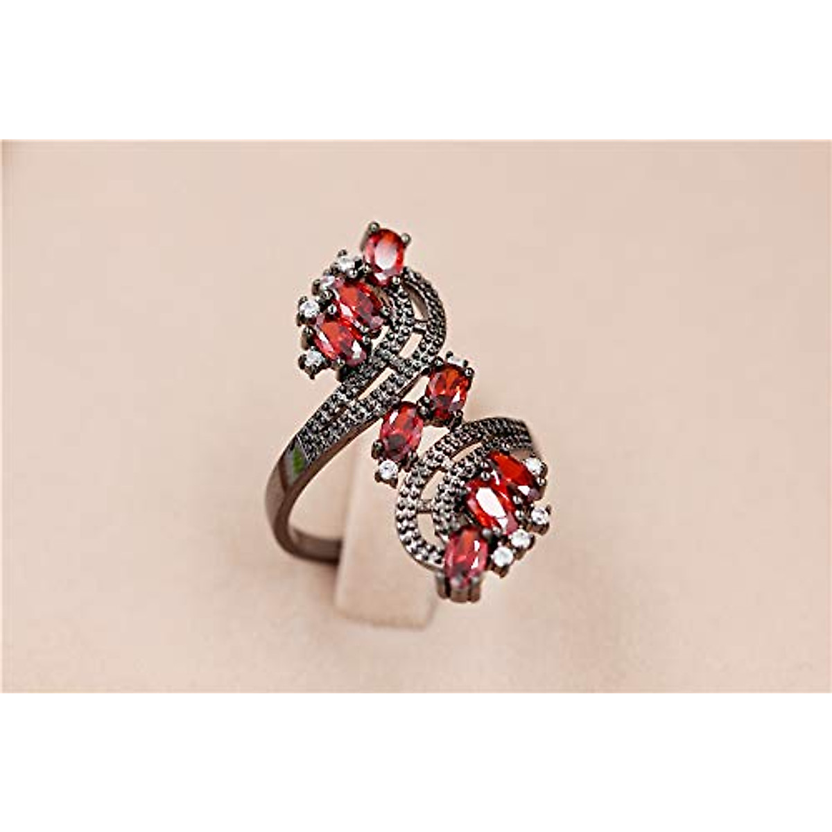 Uloveido Black Plated Wide Flower Ring with Red CZ Stones Created Ruby Diamond Unique Wedding Engagement Promise Jewelry (Red, Size 8) J656