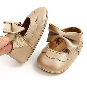 LAFEGEN Baby Girls Mary Jane Flats with Bownot Non Slip Soft Sole PU Leather Newborn Infant Toddler First Walker Cirb Dress Shoes, (07 Gold,0-6 Months Infant)