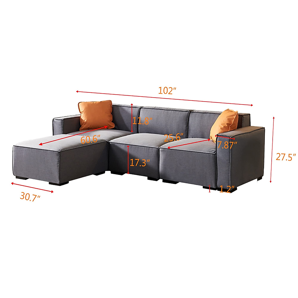LCH Faux Leather Fabric Reversible 4 Seater Sectional Couch with Storage, Modular Sofa L Shape with Convertible Ottoman Chaise, Grey