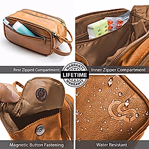 QS Toiletry Bag for Men or Women - Dopp Kit For Travel. Large Cosmetic and Bathroom Shaving Bag. Toiletry Organizer PU Leather USA (Medium, Brown)