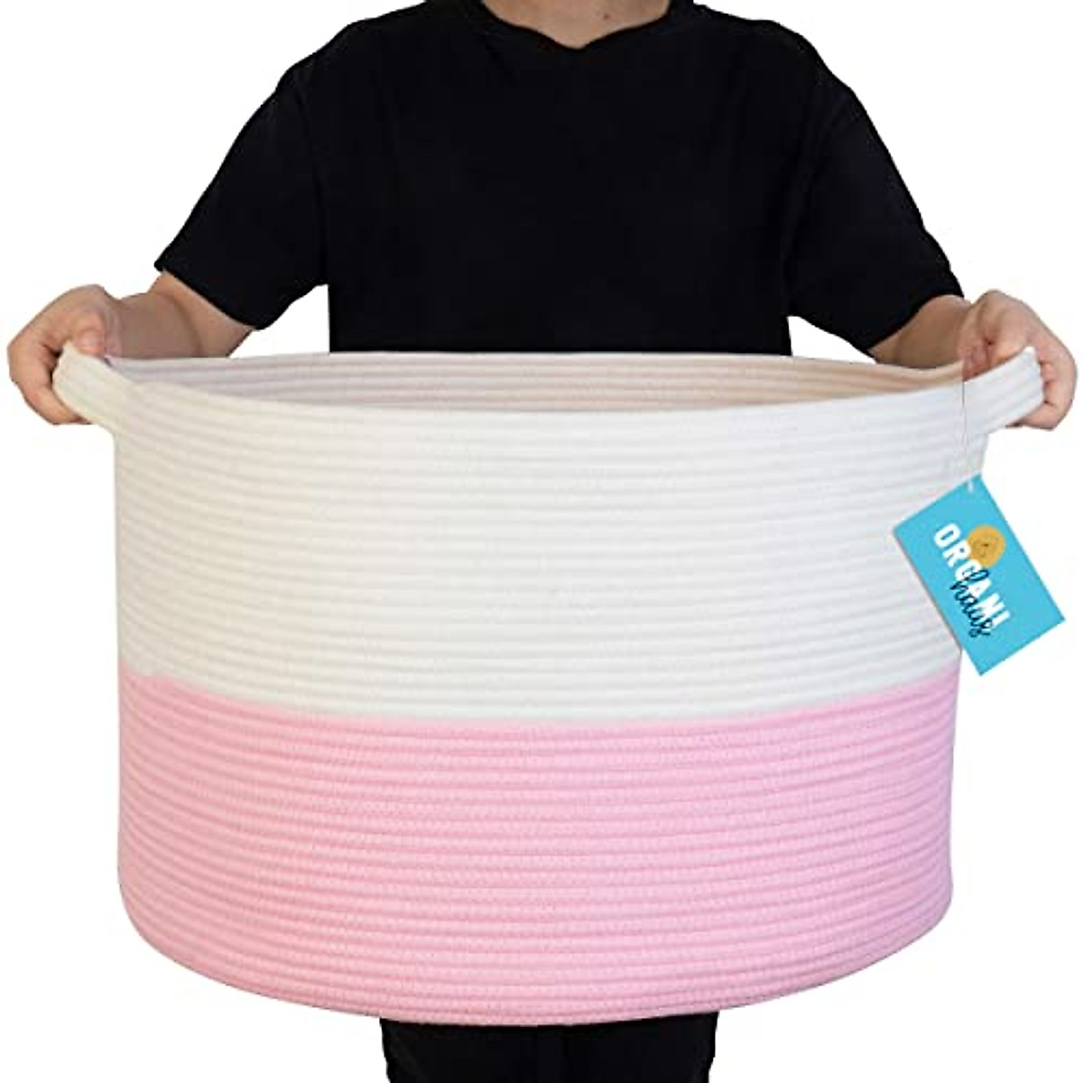 OrganiHaus XXX Large Cotton Rope Basket for Blankets Living Room | Blanket Basket & Storage Baskets for Organizing | Laundry Baskets for Storage Toy Basket for Baby | Large Woven Basket - Pink/White