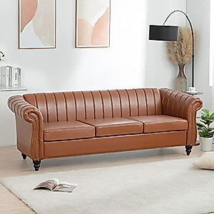NewCosmos 83.46" Brown PU Rolled Arm Chesterfield Three Seater Sofa.