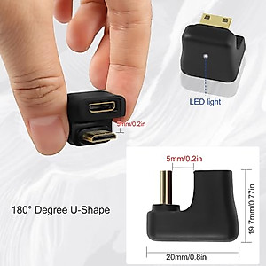 QIANRENON 8K Mini HDMI U Shape Angle Adapter UHD2.1 Mini HDMI Male to Mini HDMI Female 180 Degree Down HD Display Connector, LED Light, for DSLR Portable Camcorder Tablet PC, (Positive)
