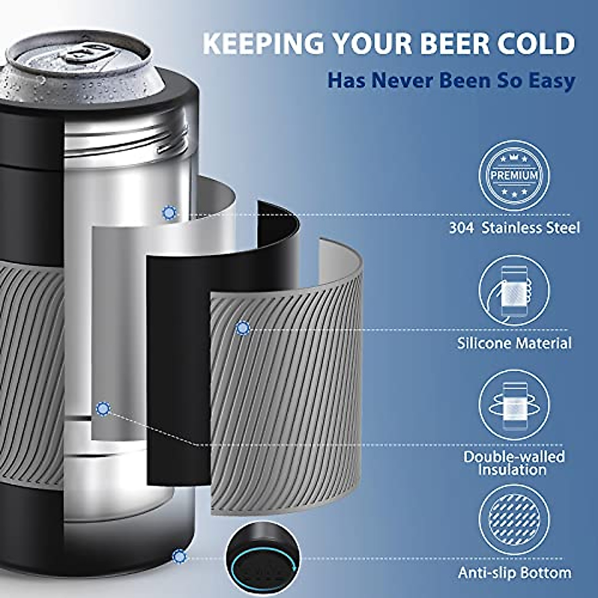 Vemingo 4-IN-1 Insulated Can Cooler, Double-Walled Stainless Steel Insulator for 12 OZ Standard Cans/Slim Cans & 12 OZ Bottles, for Women/Men