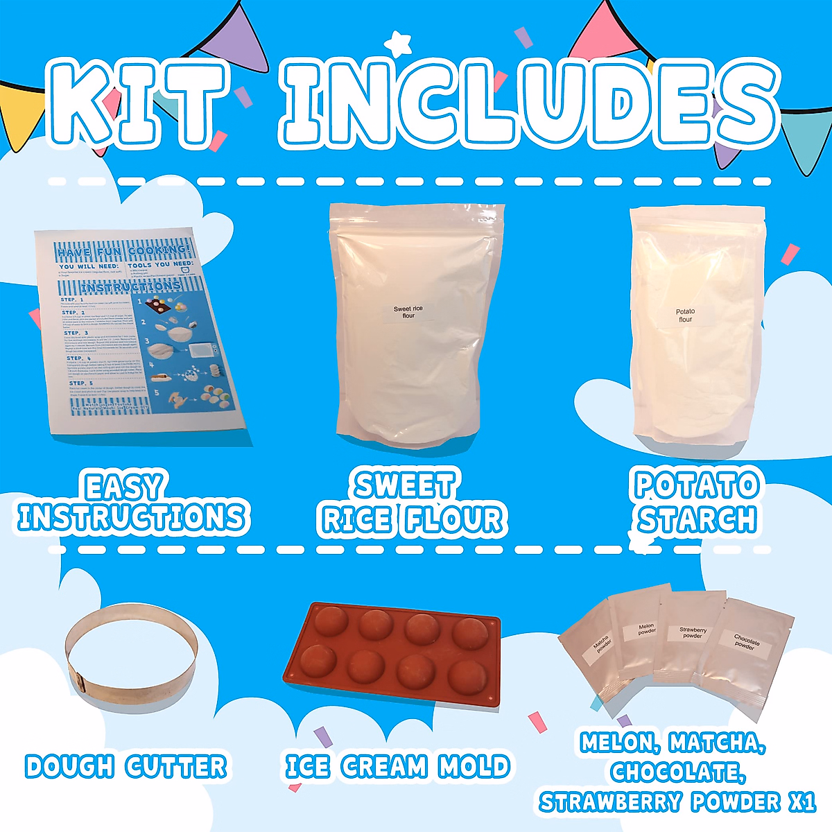 Mochi Ice Cream Kit DIY food kit Mochi maker (Makes 4 flavors: Chocolate, Matcha, Strawberry, Melon) Includes Japanese Mochi flour & tools. Gifts for foodies daifuku Japanese desert snack foods. Makes 32 Mochis