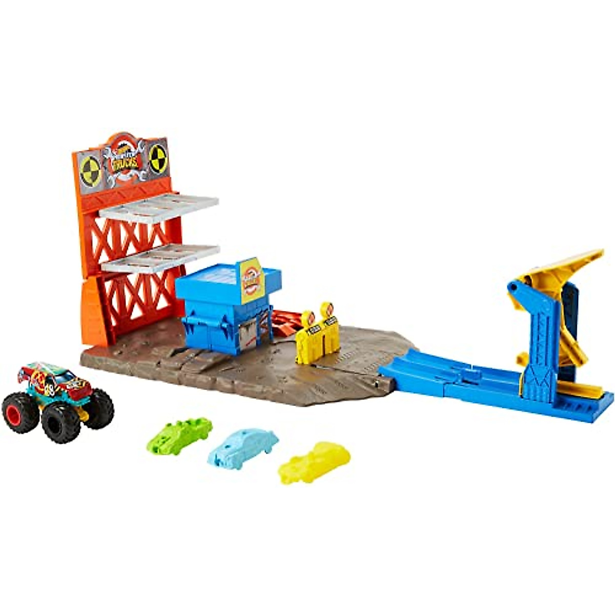 Hot Wheels Monster Trucks Blast Station Playset with 1:64 Scale Demo Derby Toy Truck & 3 Crushable Cars