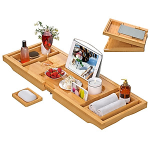 Artmalle Bathtub Caddy Tray for Tub,Foldable Bamboo Bath Table Tray with Book and Wine Glass Holder, Free Soap Dish Suitable for Luxury Spa or Reading,Natural