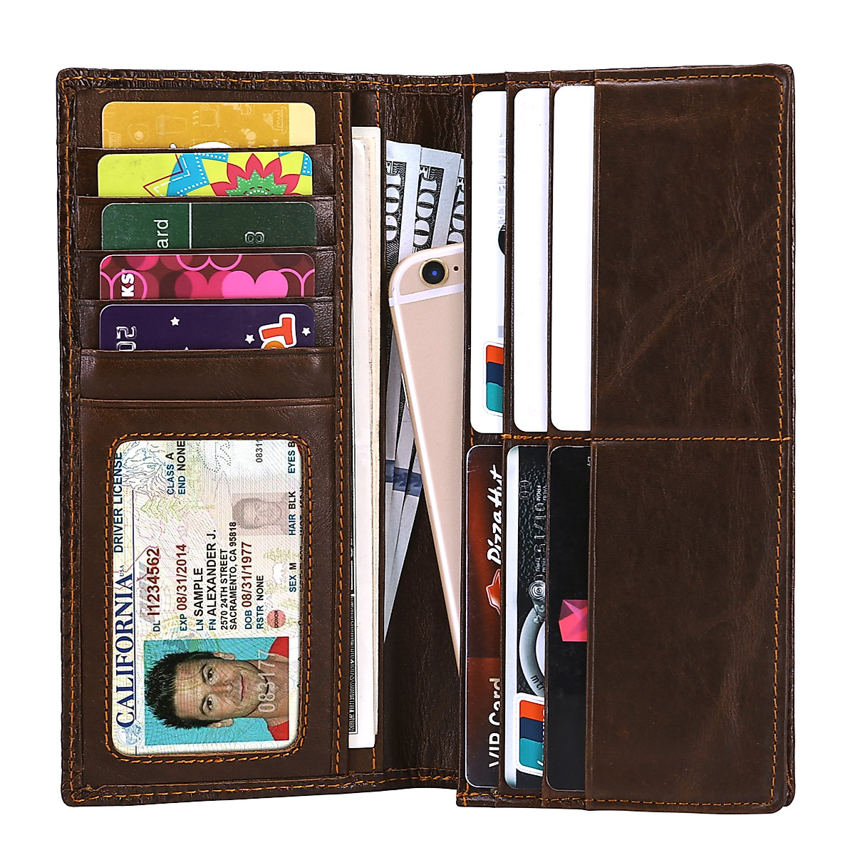 Itslife Men's RFID Vintage Look Genuine Leather Long Bifold Wallet Checkbook Wallets for Men