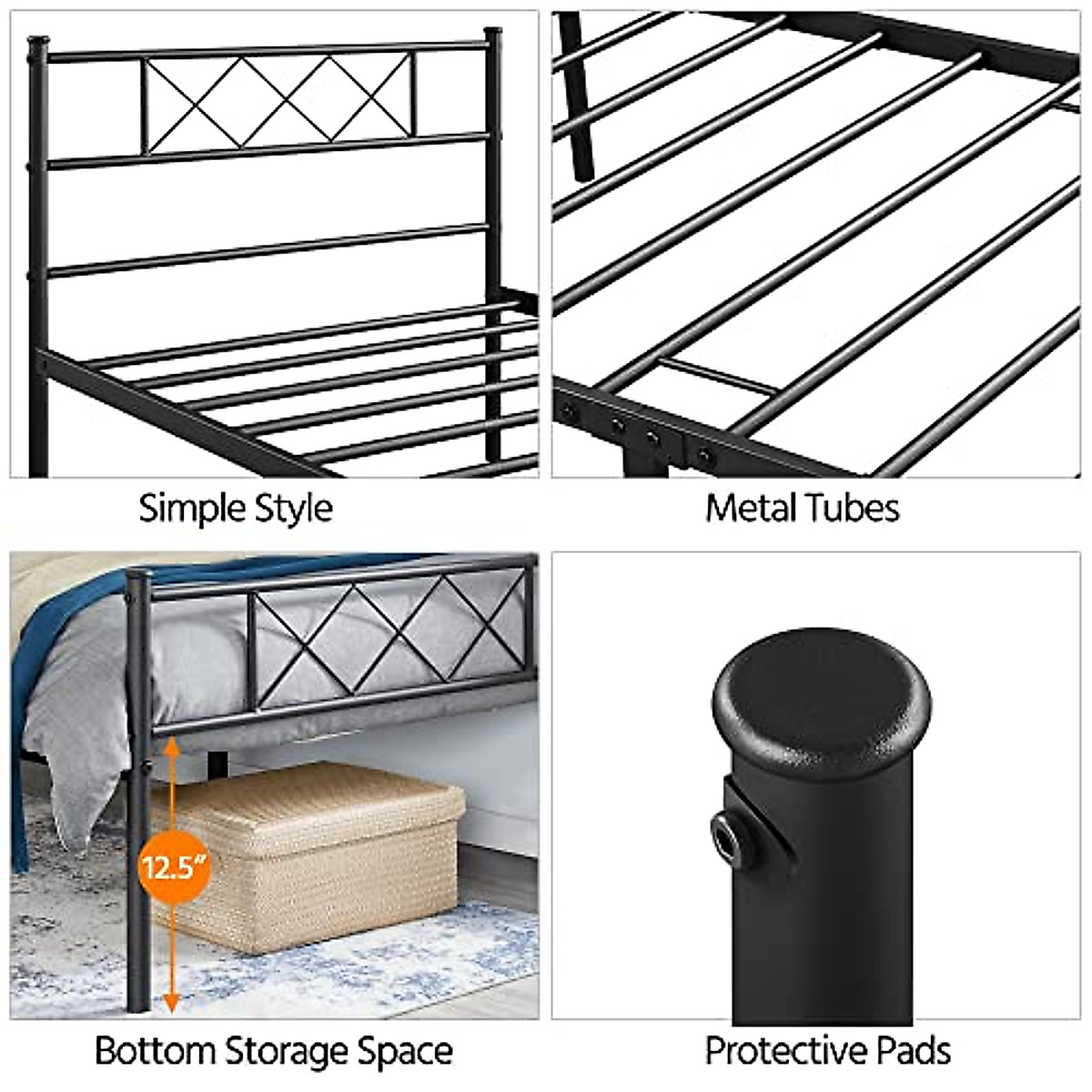 Yaheetech Black Twin Metal Platform Bed Frame Mattress Foundation with Headboard and Footboard Under Bed Storage Steel Slats No Box Spring Needed 2Pcs