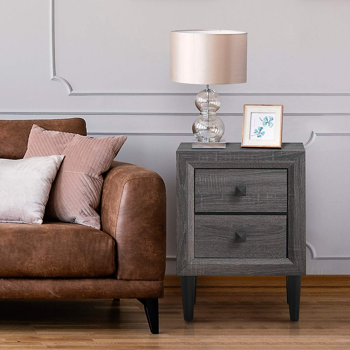 Giantex Nightstand with Drawer, Fully-Assembled 2-Drawer Bedside Tables with Solid Wood Legs for Bedroom, Modern Night Stand Side Table for Small Space Living Room, Grey