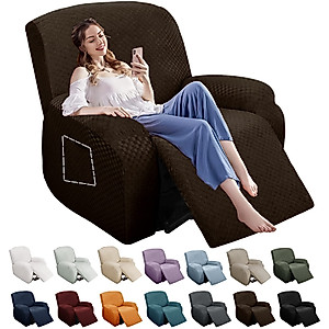 YEMYHOM 4 Pieces Stretch Recliner Slipcover Latest Jacquard Recliner Chair Cover with Side Pocket Anti-Slip Fitted Recliner Cover Couch Furniture Protector with Elastic Bottom (Recliner, Dark Coffee)