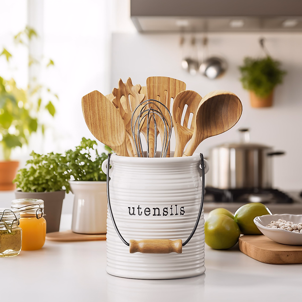 Barnyard Designs Ceramic Farmhouse Kitchen Utensil Holder for Countertop, Decorative Kitchen Utensil Holder, Large Kitchen Utensil Holder for Kitchen Counter, Utensil Crock Spatula Holder, 6" White