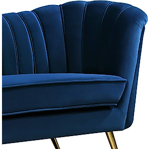 Meridian Furniture Margo Collection Modern | Contemporary Velvet Upholstered Sofa with Deep Channel Tufting and Rich Gold Stainless Steel Legs, Navy, 88" W x 30" D x 33" H