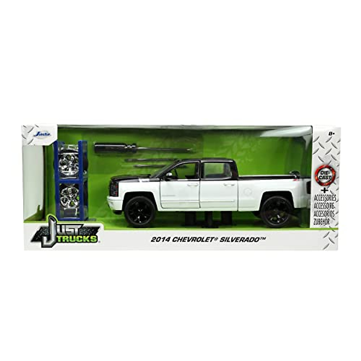 Jada Toys Just Trucks 1:24 2014 Chevy Silverado Z-71 Die-cast Car Black/White with Tire Rack, Toys for Kids and Adults