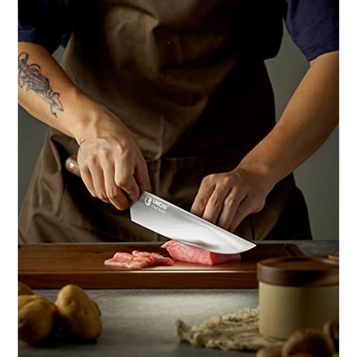 UMOGI Premium 8 Inch Chef’s Knife with sheath - German High Carbon Stainless Steel - Full Tang Natural Wooden Handle Ergonomic Grip,Ultra Sharp - Best for Slicing Meats Roasts Vegetable & Fruits