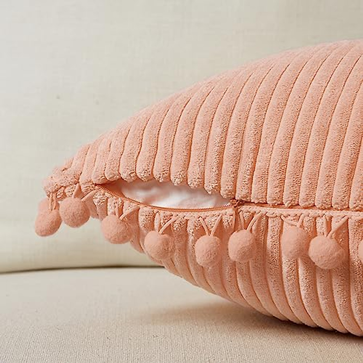 Fancy Homi Pack of 2 Peach Decorative Throw Pillow Covers 18x18 Inch with Pom-poms for Couch Bed Living Room Bedroom, Farmhouse Boho Home Decor, Soft Coral Corduroy Solid Square Cushion Case 45x45 cm