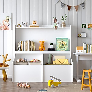 Azheruol Cubby Toy Storage Cabinet 3 Tier Wooden Children Bookcase,Toy and Book Storage Organizer Shelf for Playroom, Bedroom, Living Room, Nursery, School (White)