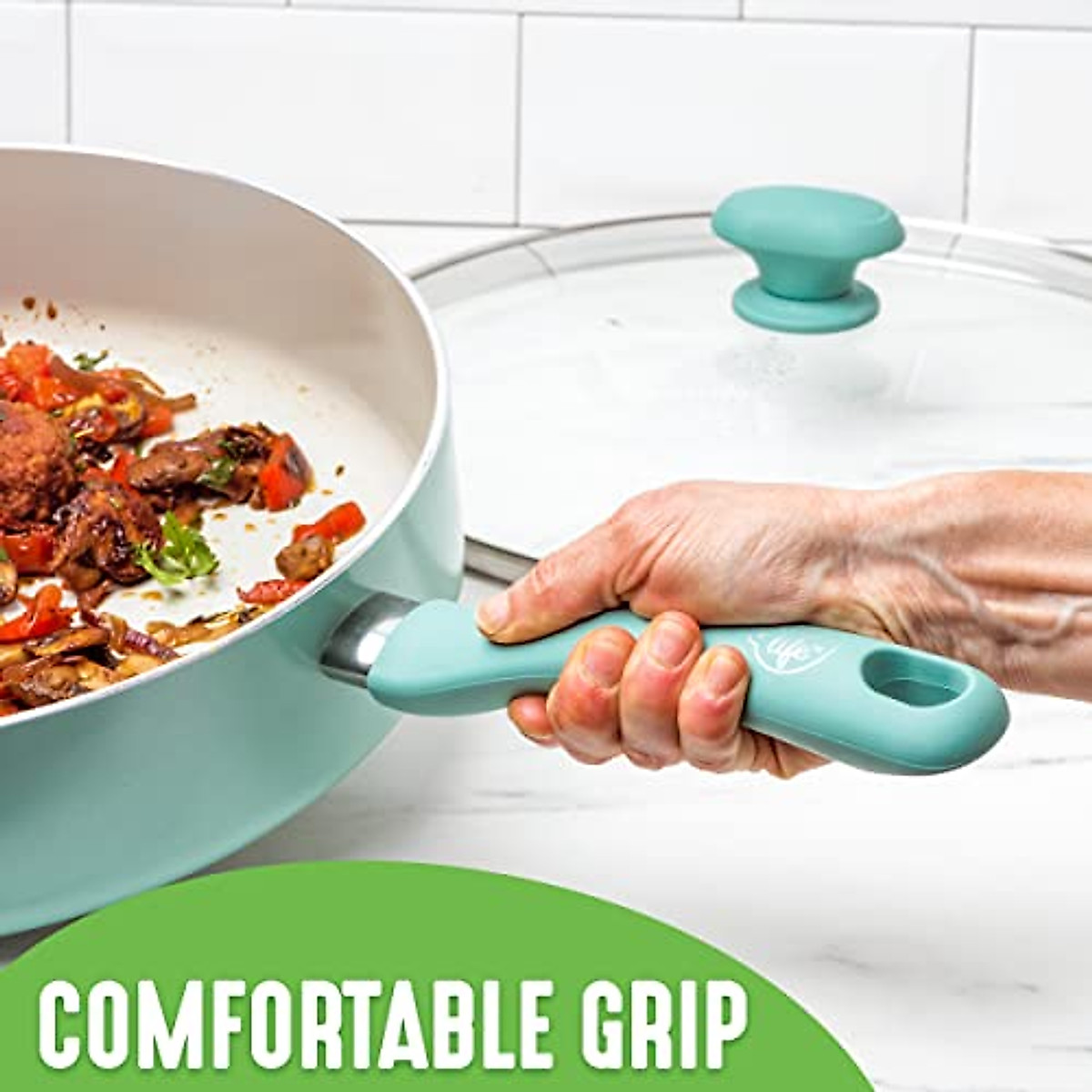 GreenLife Soft Grip Diamond Healthy Ceramic Nonstick, 5QT Saute Pan Jumbo Cooker with Helper Handle and Lid, PFAS-Free, Dishwasher Safe, Turquoise