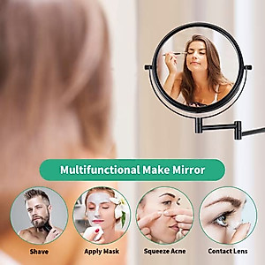yinjupu Wall Mounted Makeup Mirror - 8-inch Double-Sided Magnifying Mirror with 360-Degree Rotation and Telescopic Lighting for Home Bathroom Shaving Vanity (Black)