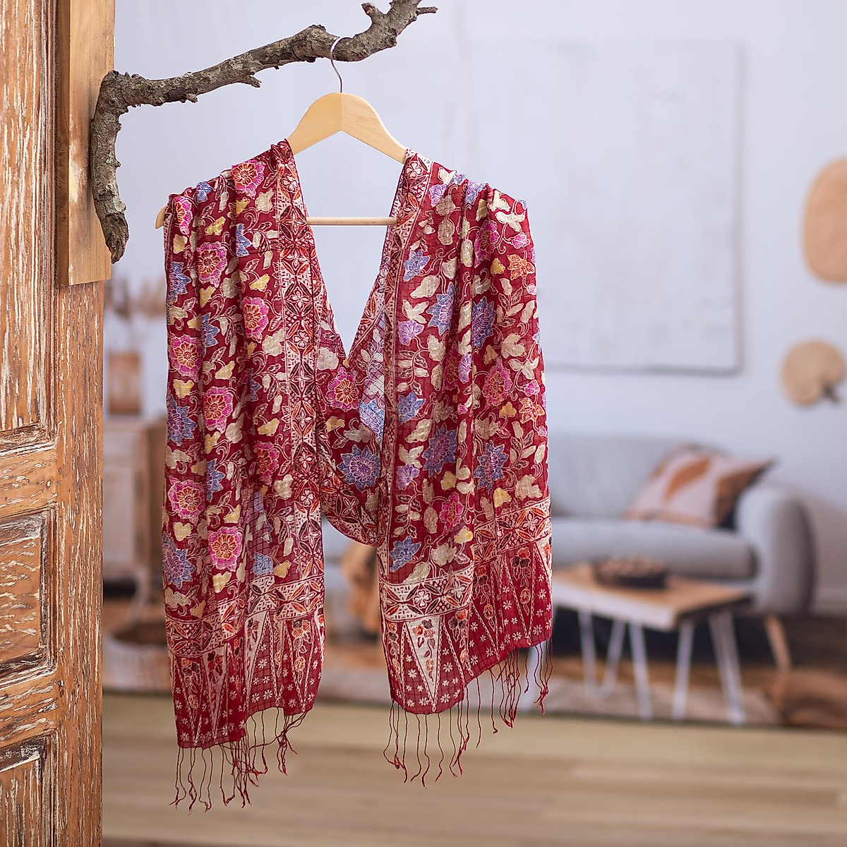 NOVICA Artisan Handmade | 100% Silk Batik Shawl Artisan Wrap Red Shawl | Lightweight Silk Shawl | Handmade Silk Batik Shawl | Travel Silk Shawl | Silk Scarf For Women | Patterned Floral Wine Garden