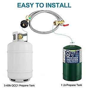 Catilon Propane Refill Adapter Hose with Gauge, Upgraded 36" Stainless Braided QCC1 Type Inlet, 3FT Propane Tank Refill Adapter Extension Hose for 1LB Propane Gas Tank