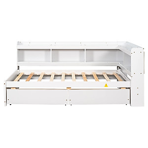 Twin Size Daybed Captain Bed Wooden Day Bed with 2 Drawers and L-Shaped Bookcases, Twin Bed Frame for Kids, Boys, Girls & Teens, No Box Spring Needed, White