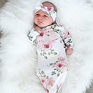 Mikccer Baby Newborn Knotted Gown 0-6 Months, Soft Breathable Sleeper Gowns, Babies Girl Coming Home Outfit Infant Watercolor Flowers Nightgowns with Headband Set