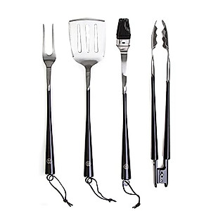 Schmidt Brothers - BBQ Carbon 6, 4-Piece Grilling Accessory Set, Full-Forged Stainless Steel Grilling Utensils Including Spatula, Fork, Basting Brush, and Tongs with All Wood Handles