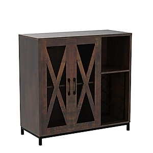 FROMJBEST Wine Bar Cabinet, Industrial Coffee Bar Cabinet with 2 Door and Shelf, Glass Holder, Accent Storage Cabinet, Buffet Sideboard for Dining Room, Kitchen