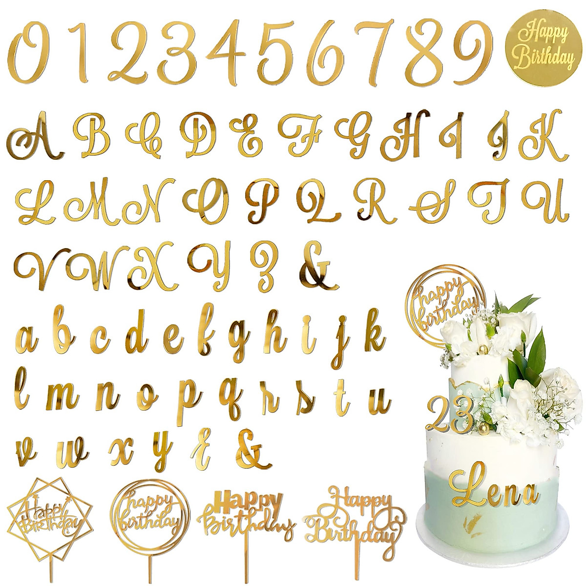 Acrylic Alphabet Number Cake Topper DIY Personalized Name Cupcake Toppers with A-Z Letter 0-9 Number Happy Birthday Sets for Custom Wedding Cake Decorations Baby Shower Party Supplies (Style1 Gold)