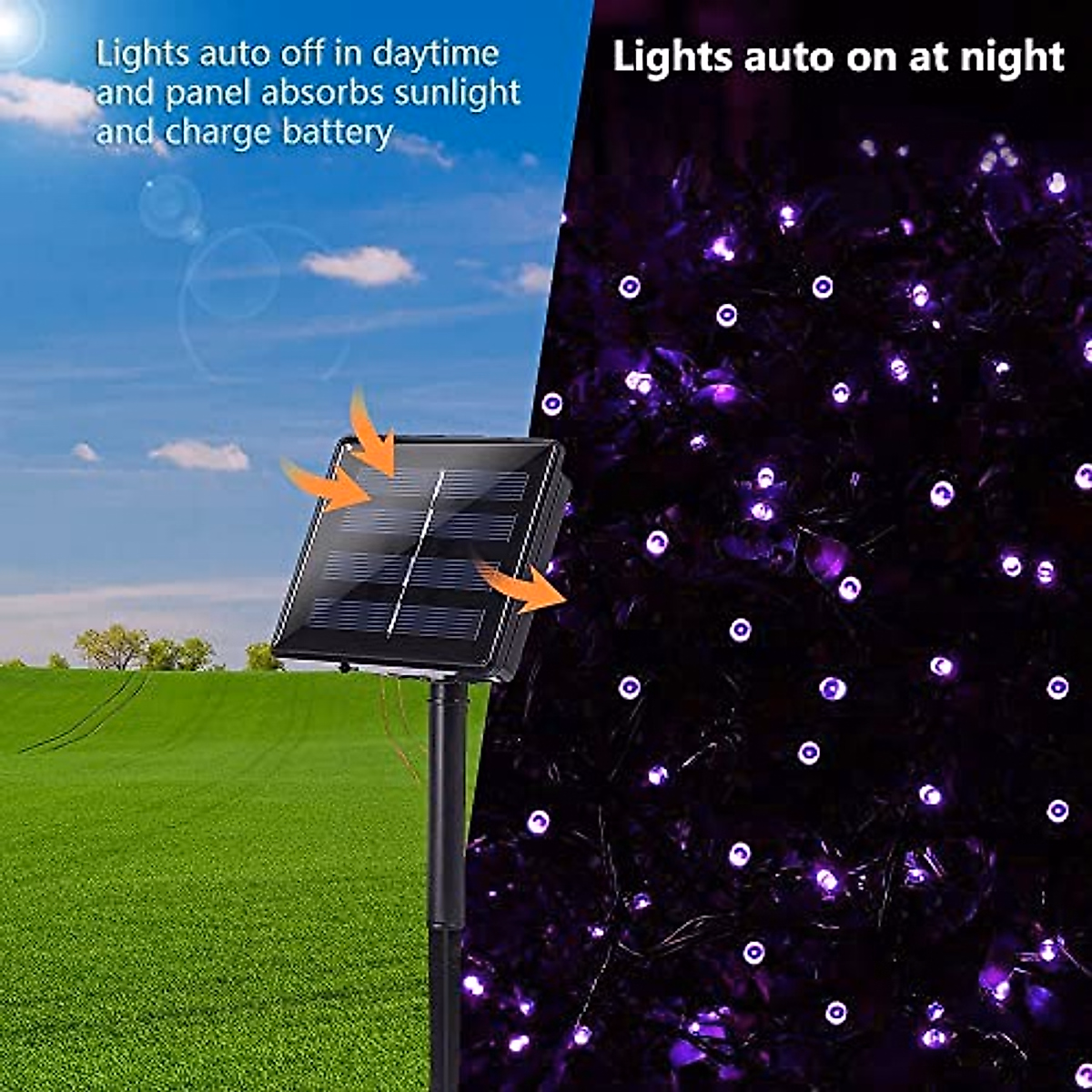 YAKEXI Christmas Solar String Lights Purple 72ft 200 LED 8 Modes Outdoor Solar Powered String Lights Waterproof Solar Fairy Lights for Tree Garden Fence Balcony,Outdoor Christmas Decoration Lights