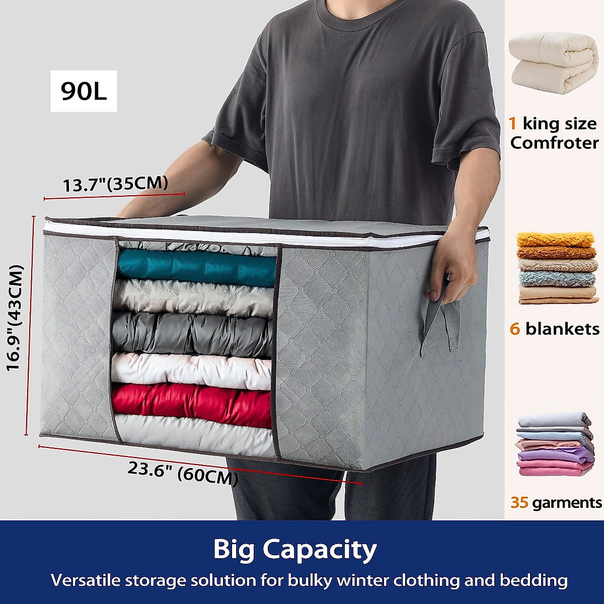 MCOLIMA Linen Storage Organizer, 2 Pack Large 90L Foldable Storage Bags Bedding Storage Containers with Zipper Lids, Closet Collapsible Clothing Bins for Linen Blanket Fabric Pillow Dorm