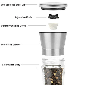 KOKO Glass Salt and Pepper Grinders with Spare 2 Ceramic Cores & Cleaning Brush- Tall Glass Body and 304 Stainless Steel with Adjustable Non-Corrosive Creamic Salt and Pepper Grinder Mill Set