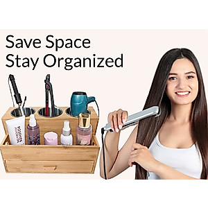 Harzen Brothers Hair Tool Organizer, Bamboo Hair Dryer and Styling Holder, Bathroom Countertop Blow Dryer Holder, Vanity Caddy Storage Stand for Accessories, Makeup, Toiletries