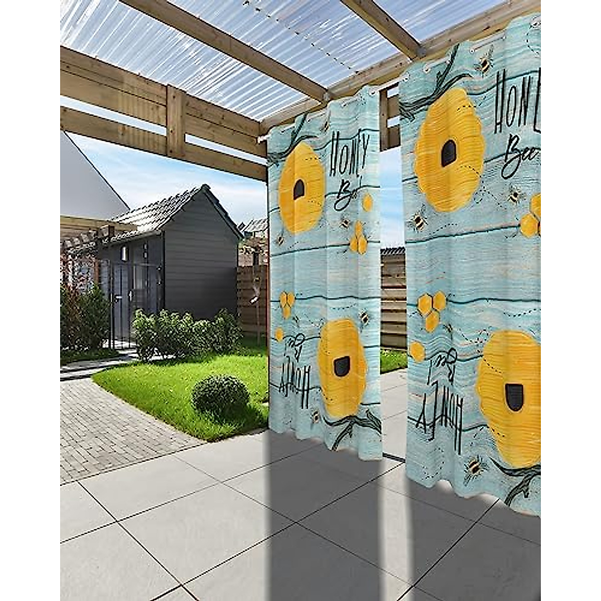 Outdoor Curtains for Patio 2 Panels Set Honey Bee Beehive Under Branch Blue Wooden Plank Waterproof Privacy Outside Curtain Sun Blocking Grommet Drapes for Porch Gazebo Pergolas Balcony 52x108 Inch
