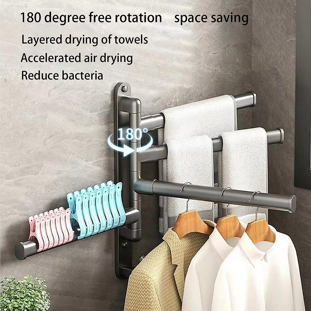 4-pole 180 ° rotatable towel bar, aluminum alloy swing arm Bath Towel Bars bathroom towel rack, swing hook towel rack storage rack, bathroom wall mounted towel storage rack, Silver gray