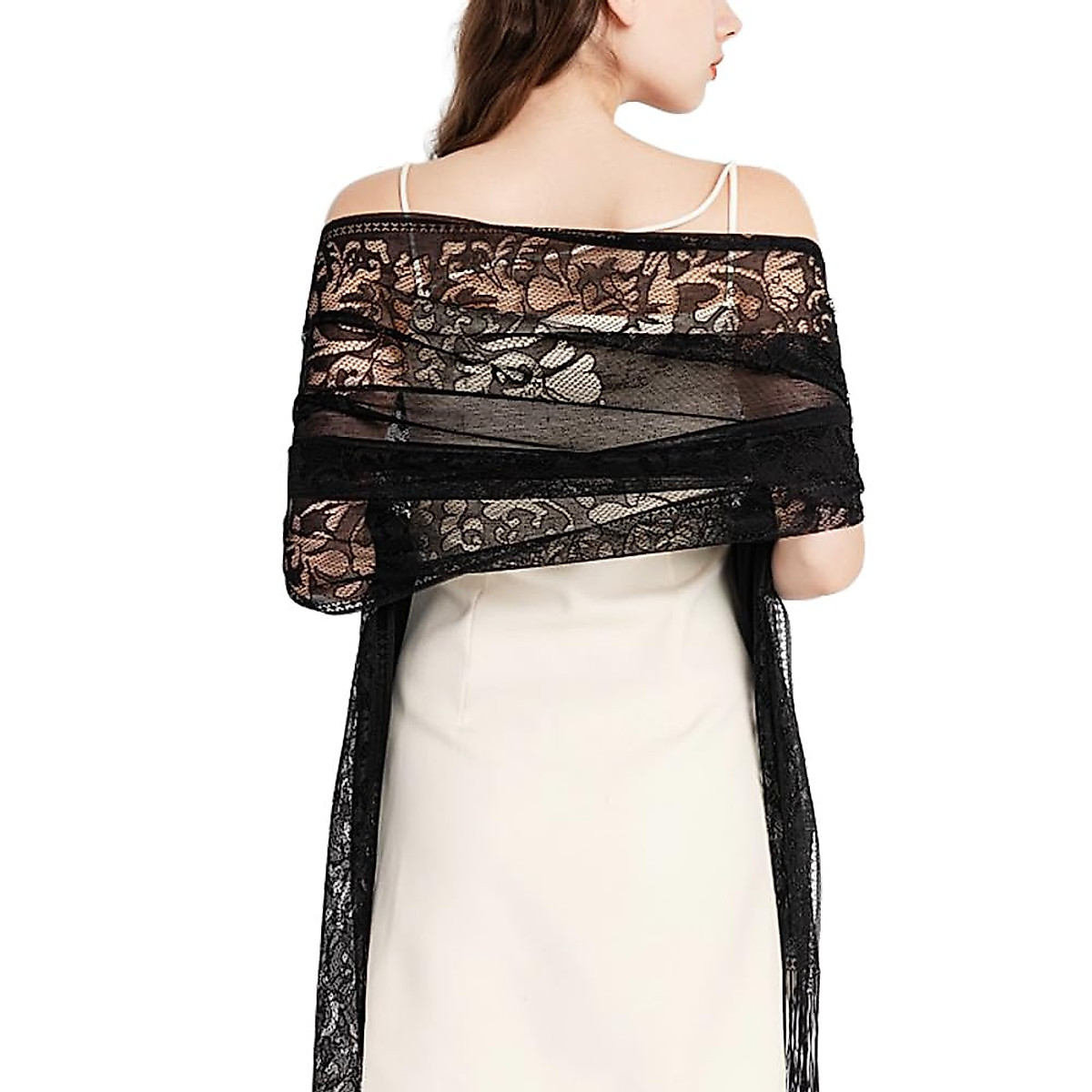 Ladiery Women's Floral Lace Scarf Shawl with Tassels, Soft Mesh Fringe Wraps for Wedding Evening Party Dresses