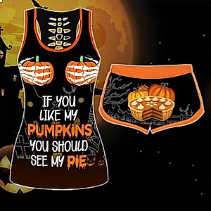 Women's Halloween Sleeveless Tank Top Set If You Like My Pumpkin Printing Drawstring Shorts Stretch Bottoms Suits (Orange-1, M)