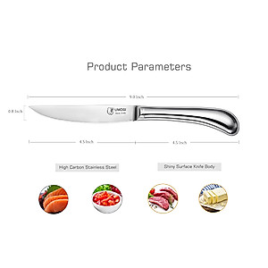 Steak Knives Set of 6 - Premium Stainless Steel, Dishwasher Safe - Polished Shiny Blade & Handle, Straight Edge - Kitchen Table Knife Set 4.5 Inch Dinner Knives Non Serrated UMOGI